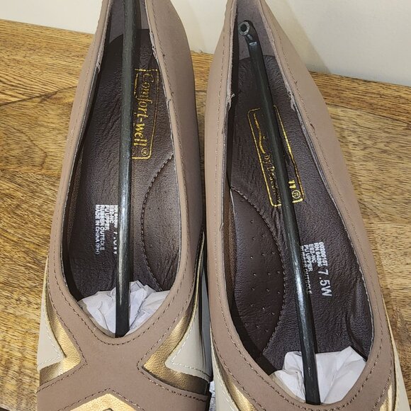 Beacon | Shoes | Comfort Well By Beacon Suede Look Taupe And Gold Wedge ...